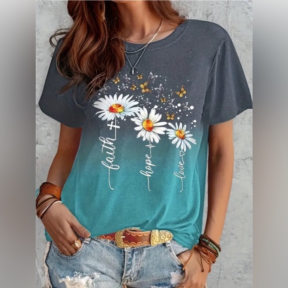 Tops | 73 2x Plus Size Ombre Daisy Butterfly Print Short Sleeve Tshirt ...